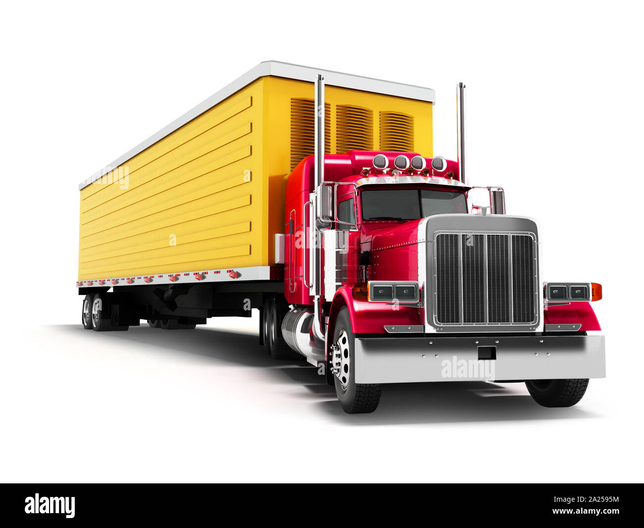 Truck red with yellow trailer 3d render on white background with shadow ...