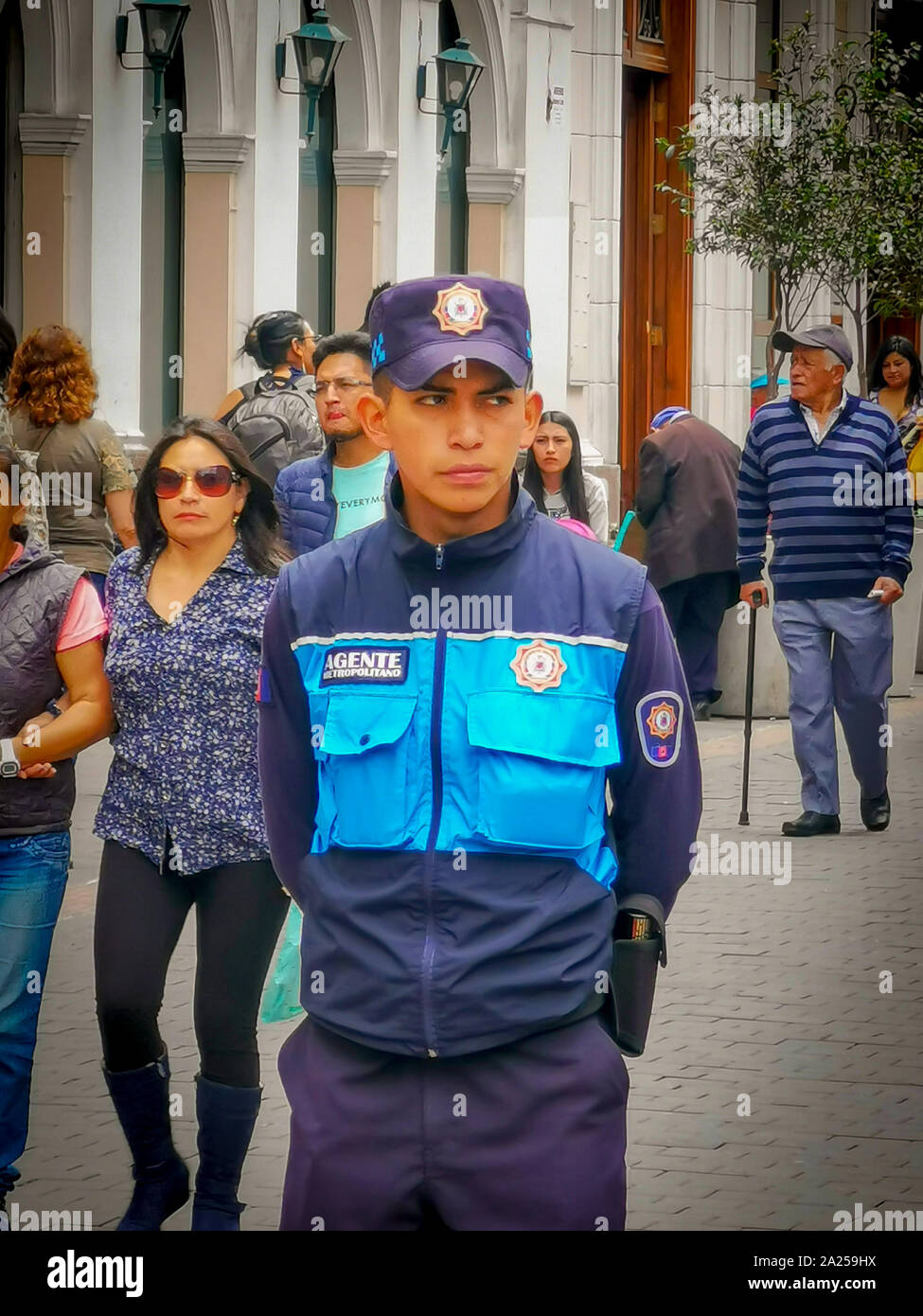 Quito, Ecuador, September 29, 2019: Police guarding the historic centre ...