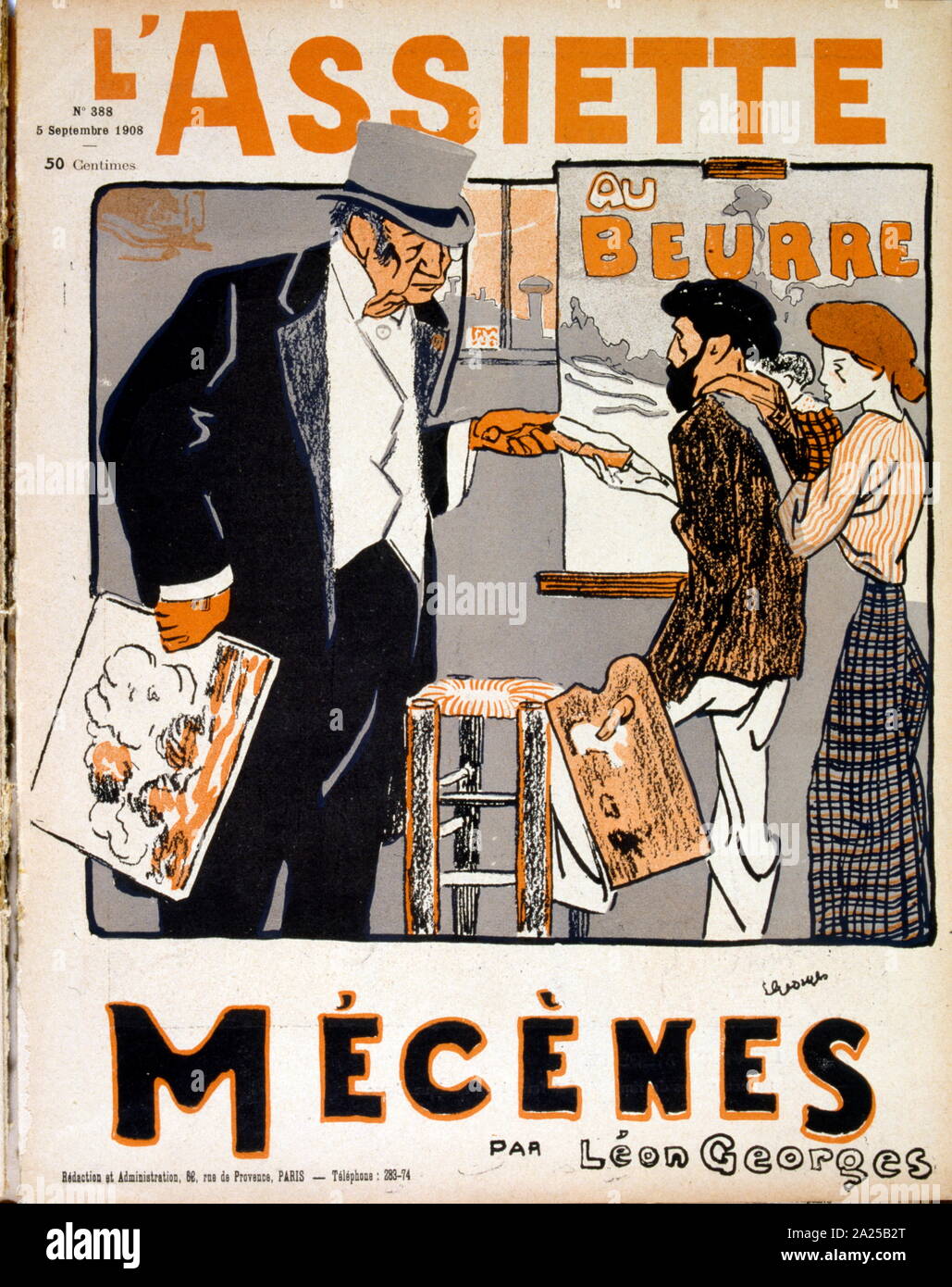 French illustration showing a wealthy art buyer purchasing a painting ...