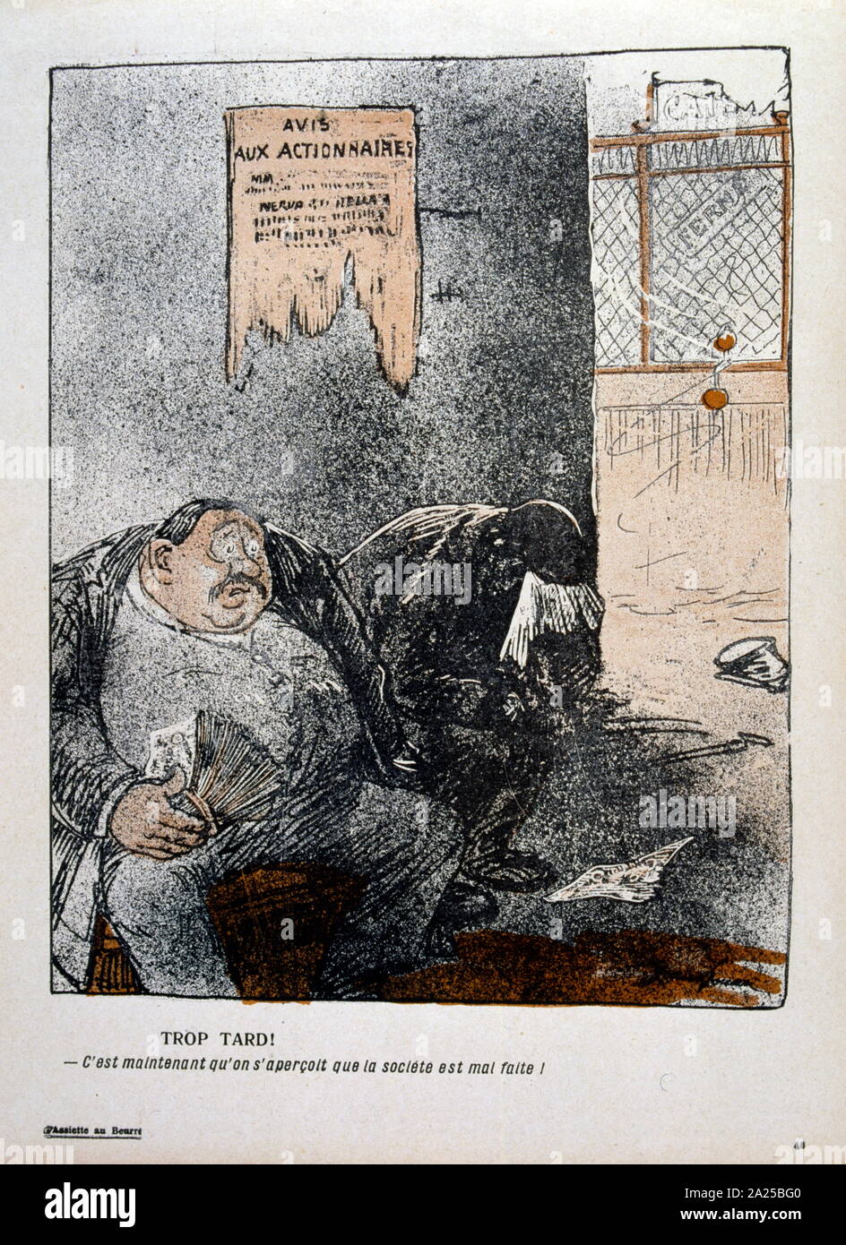 French satirical Illustration, showing two bankrupt investors, in the ...