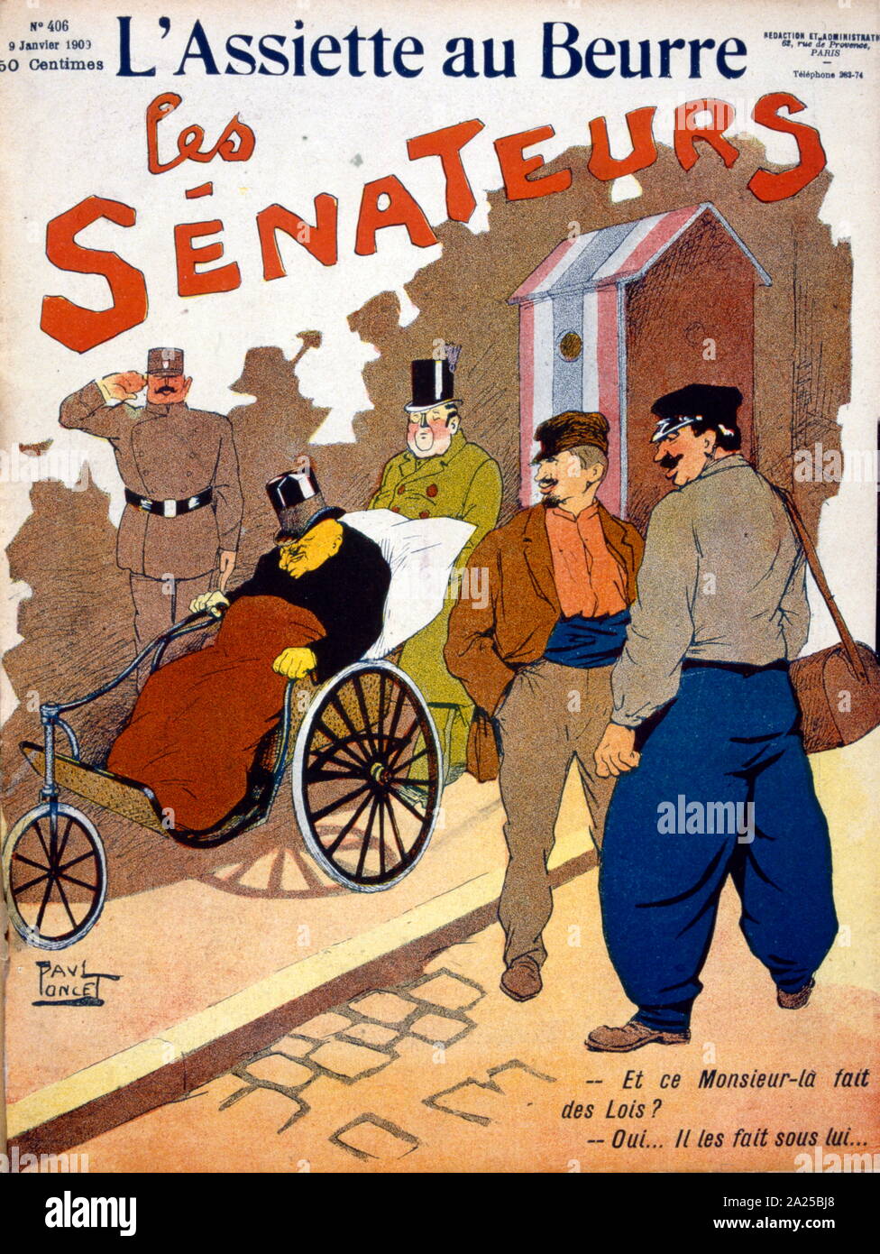 French satirical Illustration, depicting a wealthy Frenchman wheeled in ...