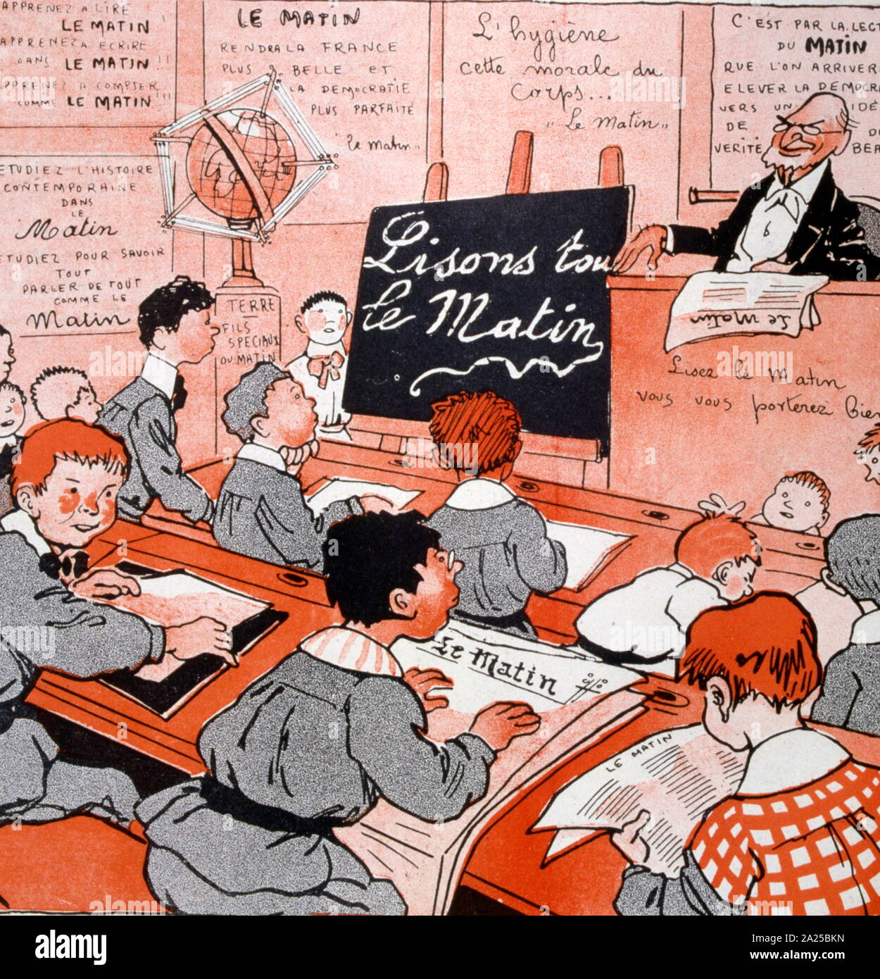 French illustration showing a teacher in a classroom with young ...