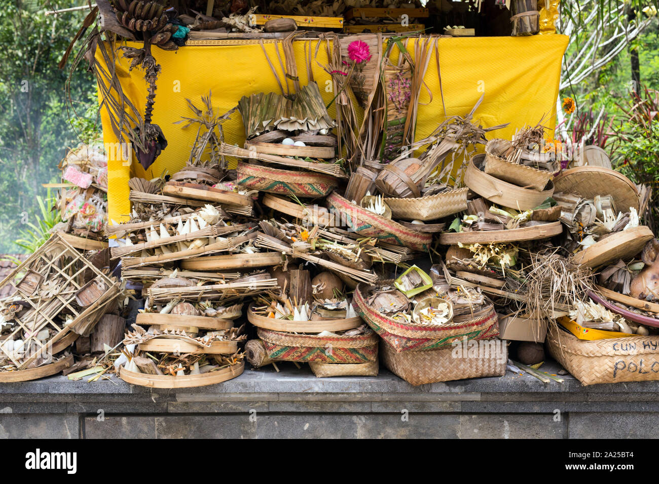 Traditional balinese offerings to Gods burned Indonesia Bali temple ...