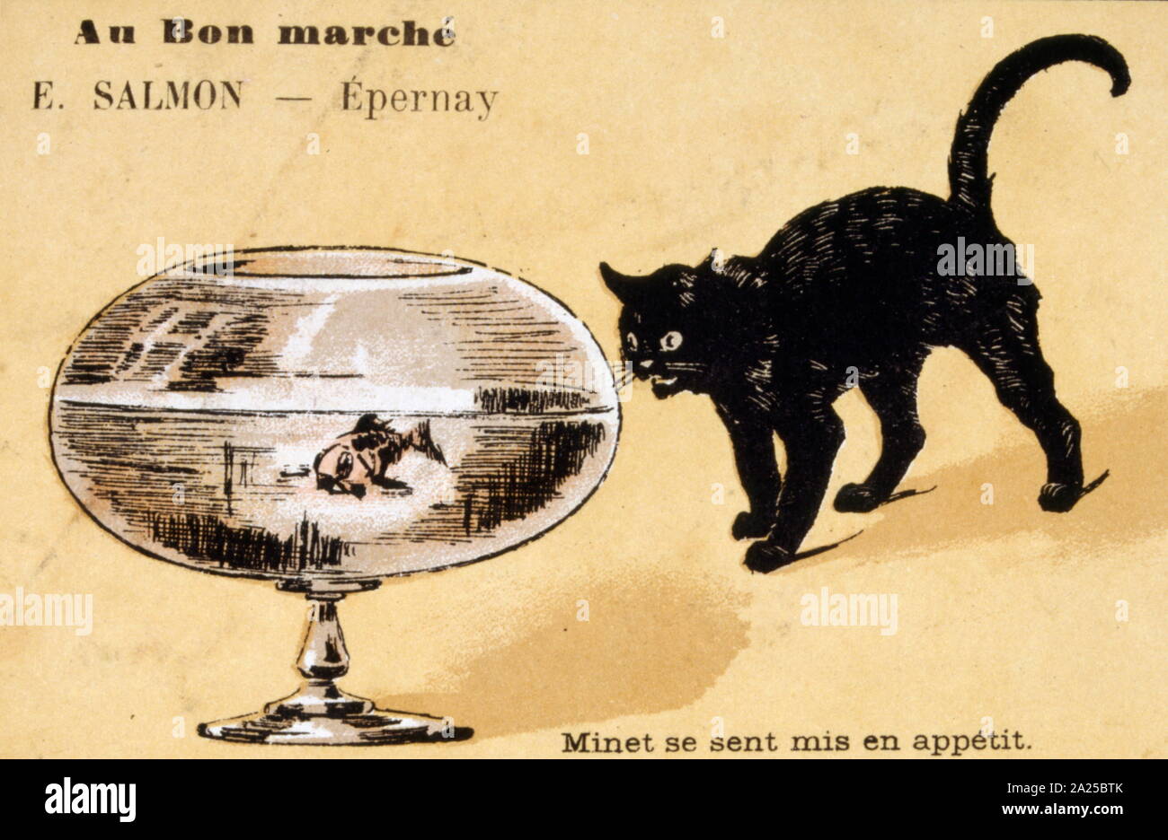 French illustration of a cat taunting a fish inside a fish bowl, 19th ...