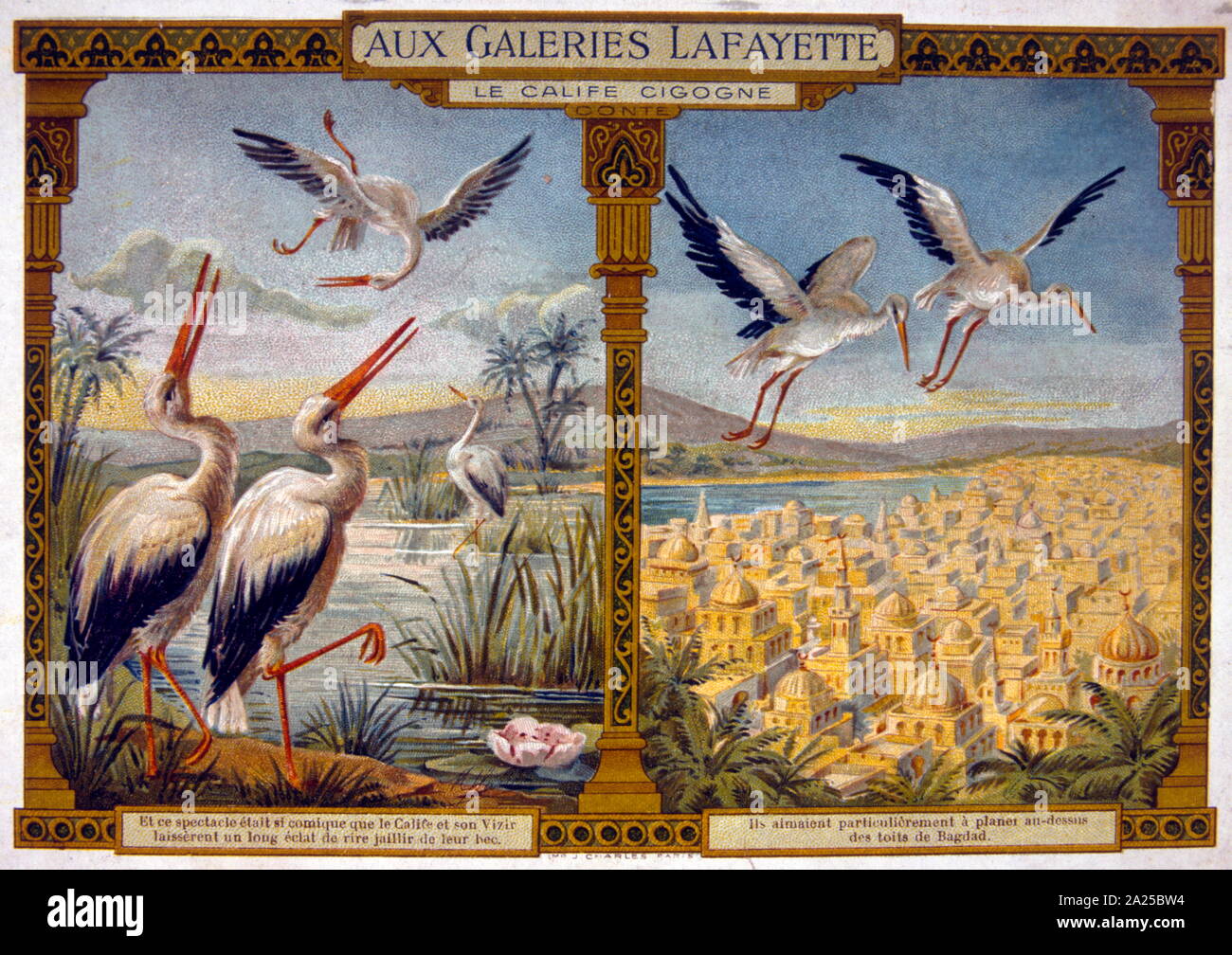 French illustration advert showing the migration of storks to Iraq ...