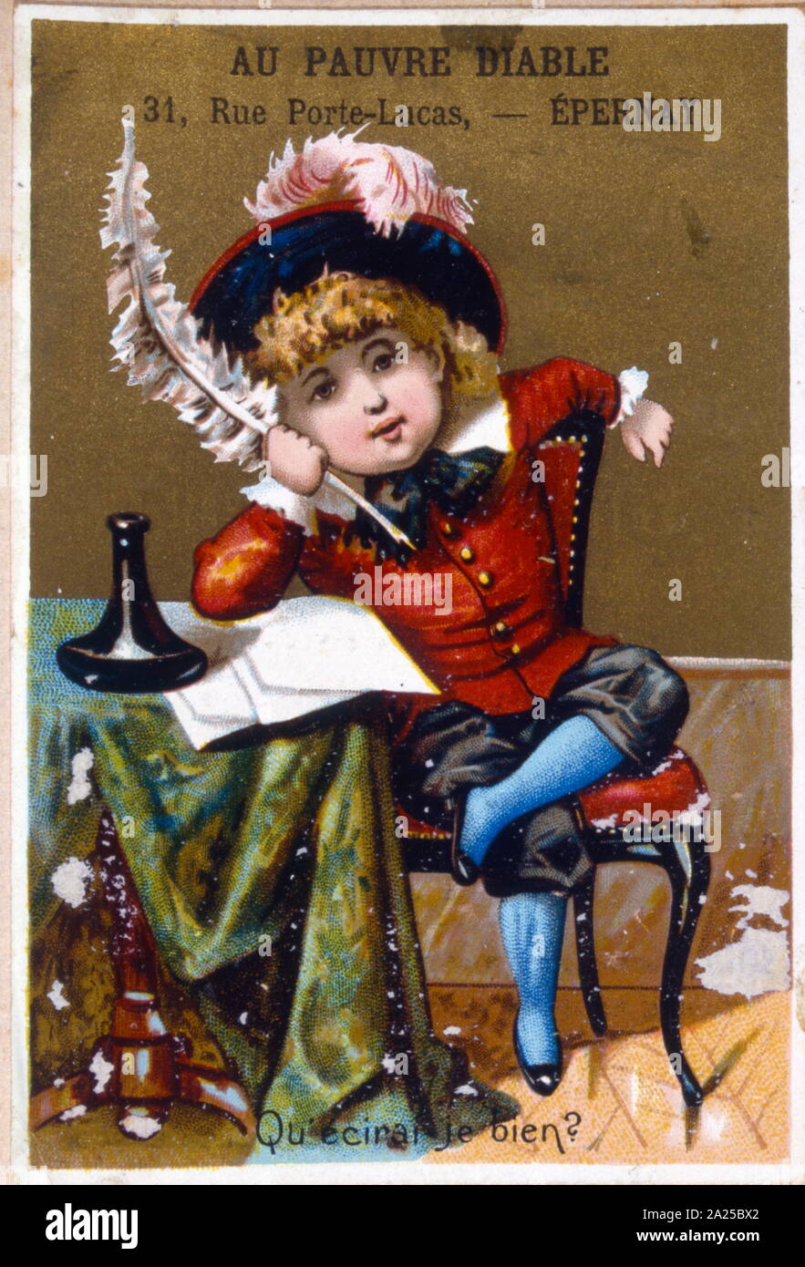 French chromolithograph illustration depicting a boy trying to write a ...