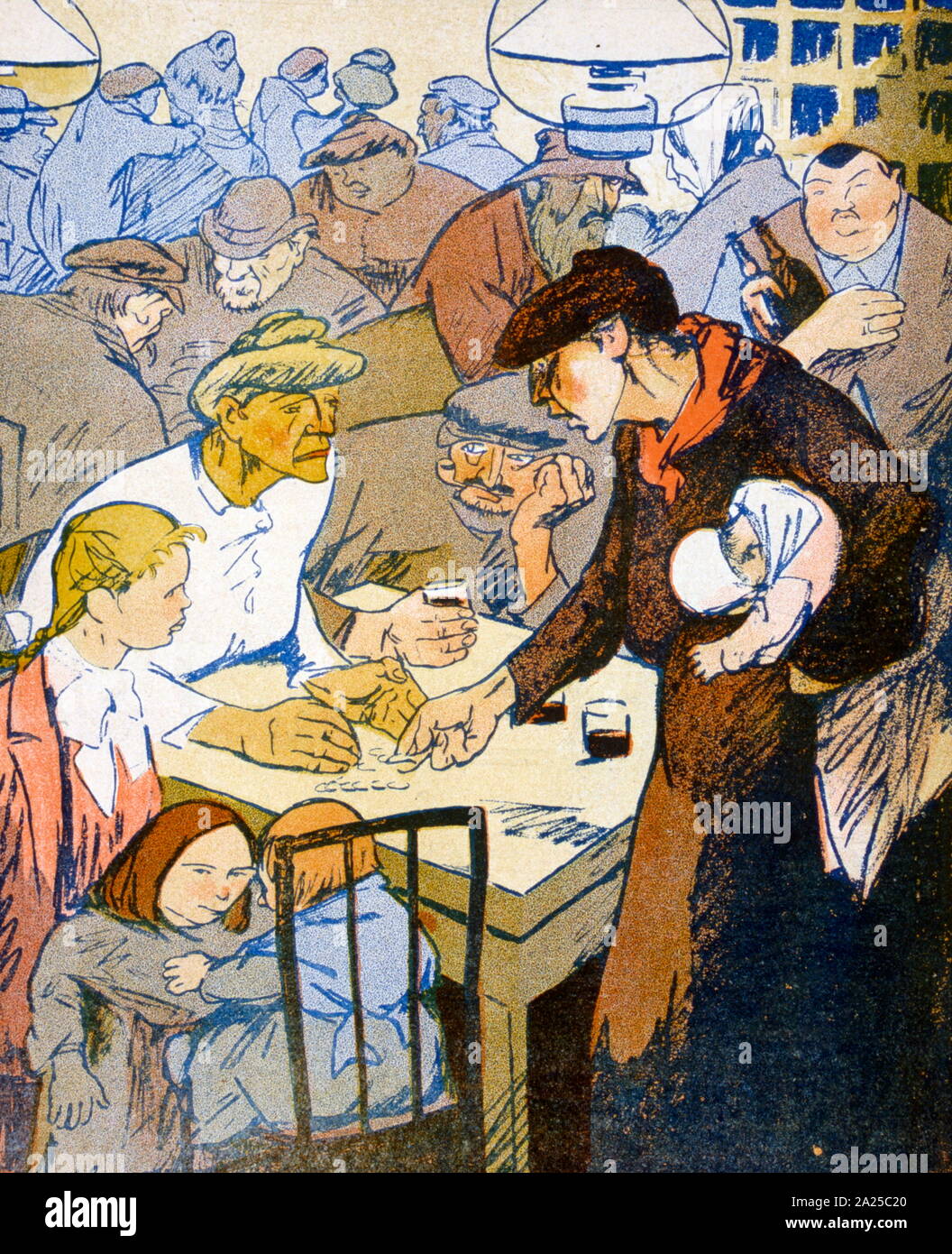 French Satirical Illustration showing a working class family in a cafe ...