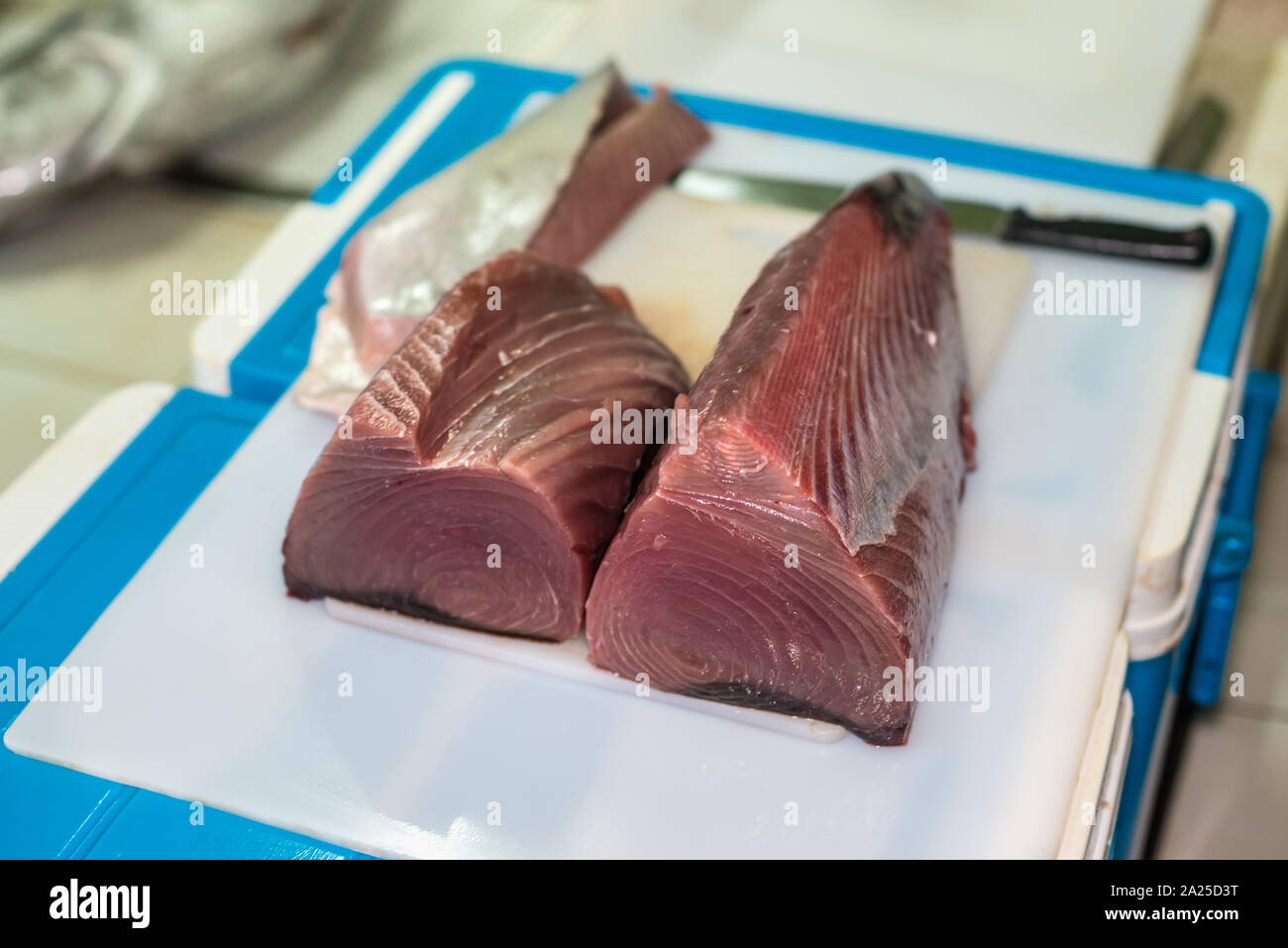 Fresh Fillet of Big Tuna on a counter at a fish market in Male ...