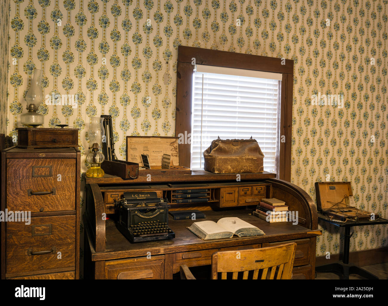 Physician's desk in the back room of the combination drug store-medical ...