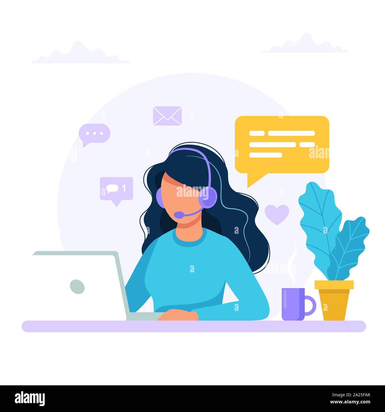 Contact us. Woman with headphones and microphone with computer. Concept ...