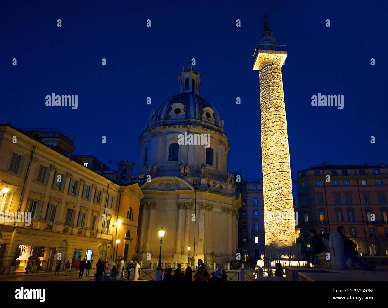 View of Trajan's Column at night. Trajan's Column is a Roman triumphal ...