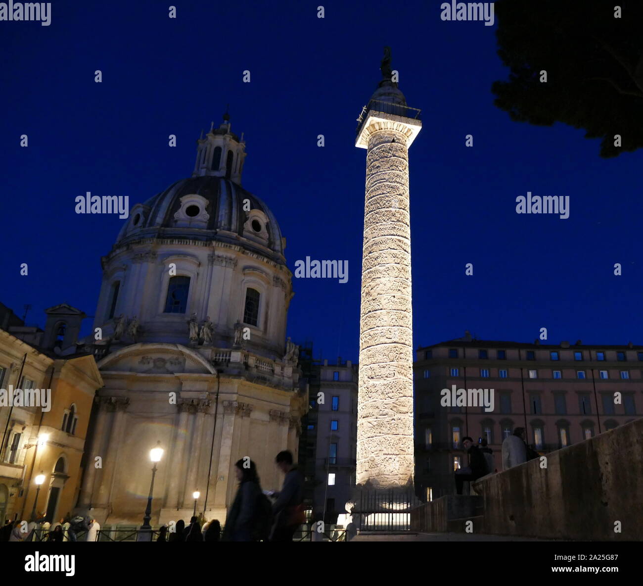 View of Trajan's Column at night. Trajan's Column is a Roman triumphal ...