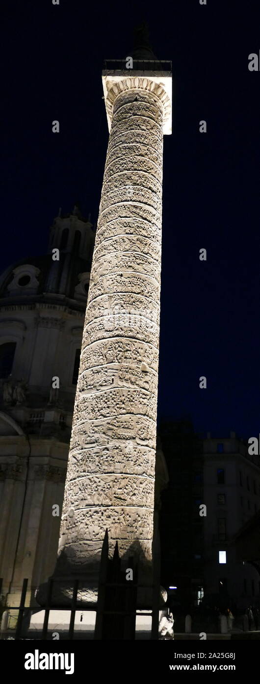 View of Trajan's Column at night. Trajan's Column is a Roman triumphal ...