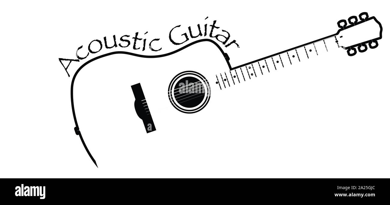 A typical acoustic guitar with text isolated over a white background ...