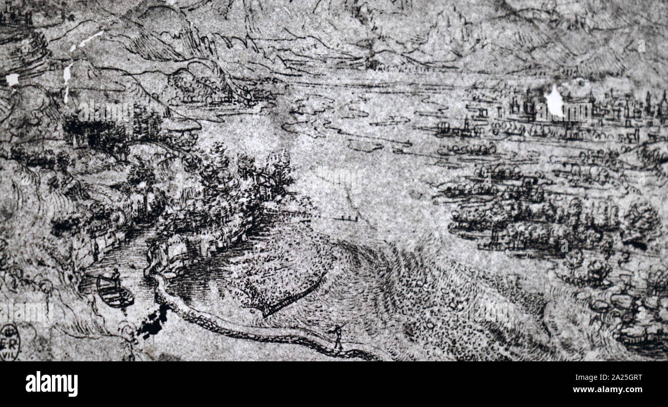 Sketch titled 'River Landscape' by Leonardo da Vinci. Leonardo di ser ... Sketch titled 'River Landscape' by Leonardo da Vinci. Leonardo di ser ...