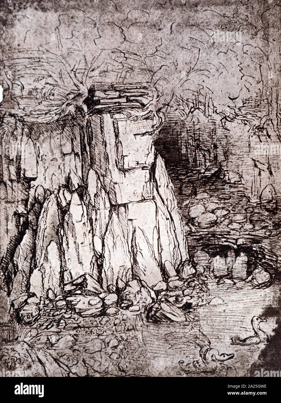 Sketch titled 'ravine with water-birds' by Leonardo da Vinci. Leonardo ...