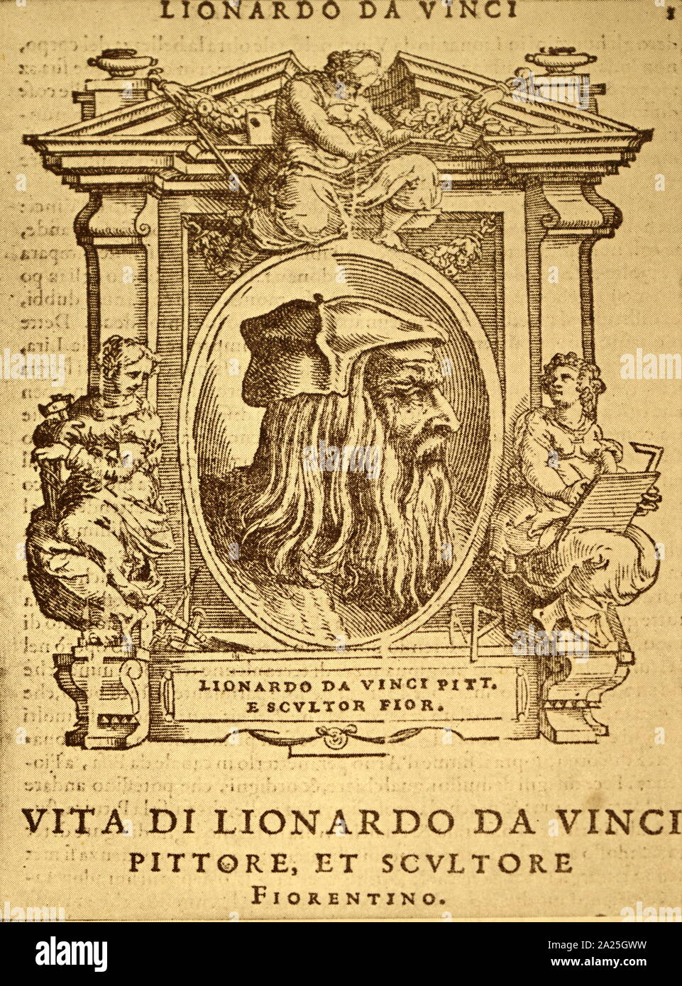 Woodcut portrait of Leonardo da Vinci. Leonardo di ser Piero da Vinci ...