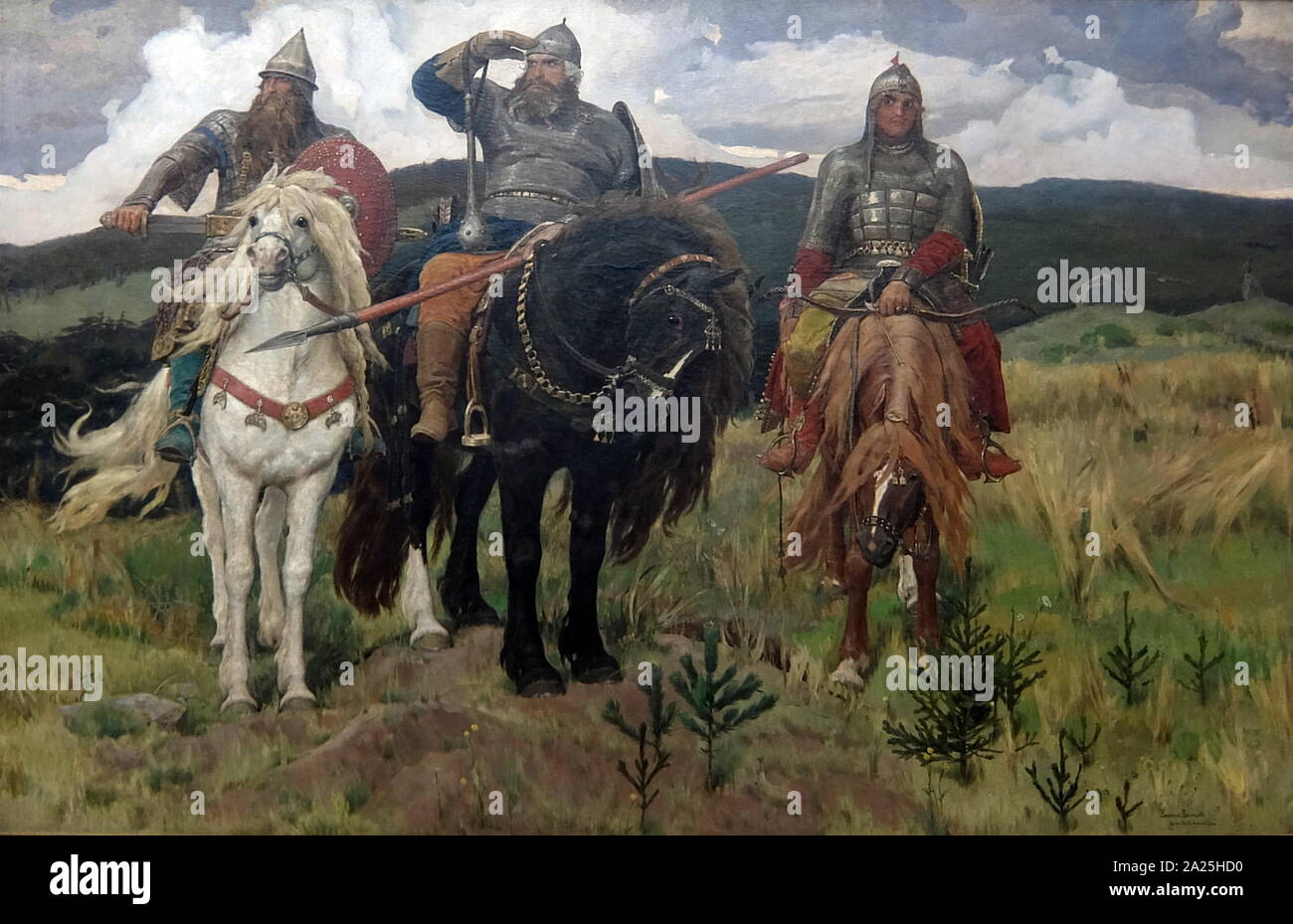 Painting titled 'Bogatyrs' by Viktor Vasnetsov. Viktor Mikhaylovich Vasnetsov (1848-1926) a ...