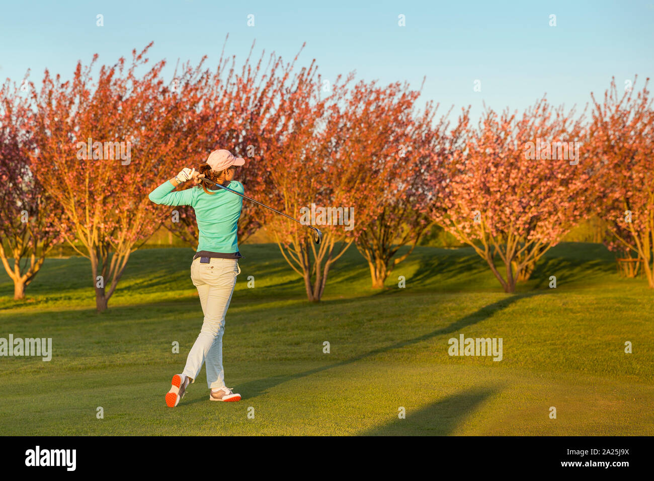 Woman golf player teeing-off Stock Photo - Alamy