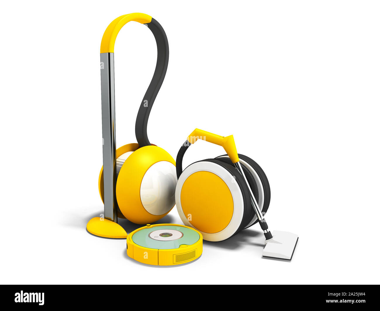 Modern vacuum cleaners with hoses and vacuum cleaner robot yellow with ...