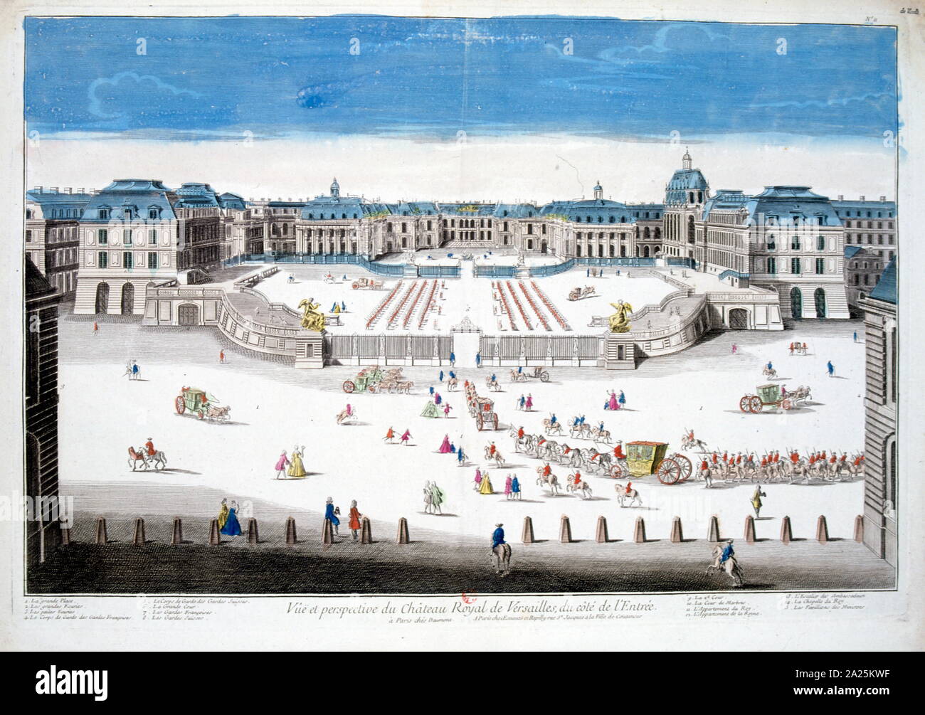 18th century, coloured illustration showing the Palace of Versailles ...