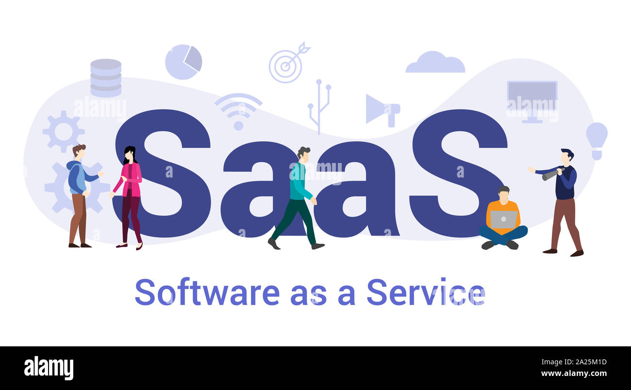 saas software as a service concept with big word or text and team ...