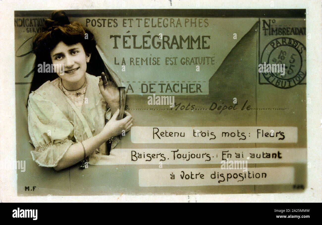 Romantic telegram on a postcard (French) 1905 Stock Photo - Alamy