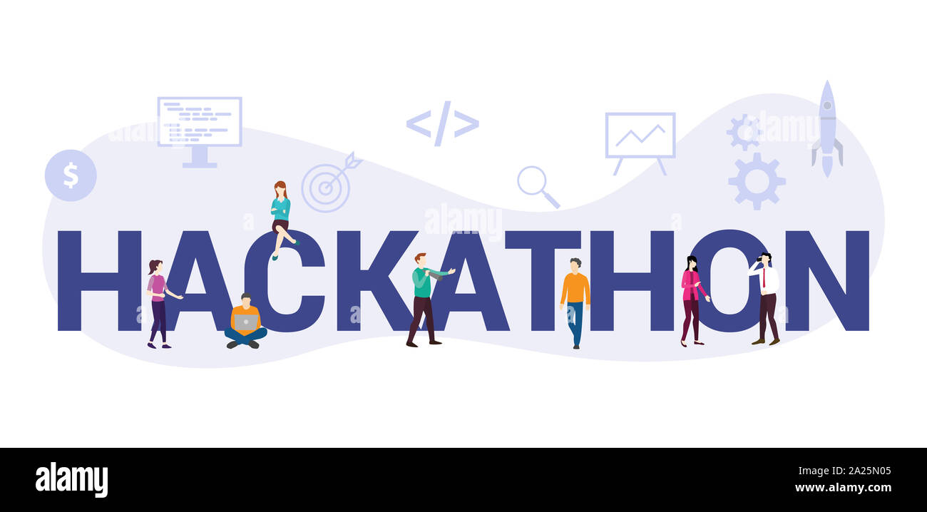 hackathon technology programming startup concept with big word or text and team people with ...