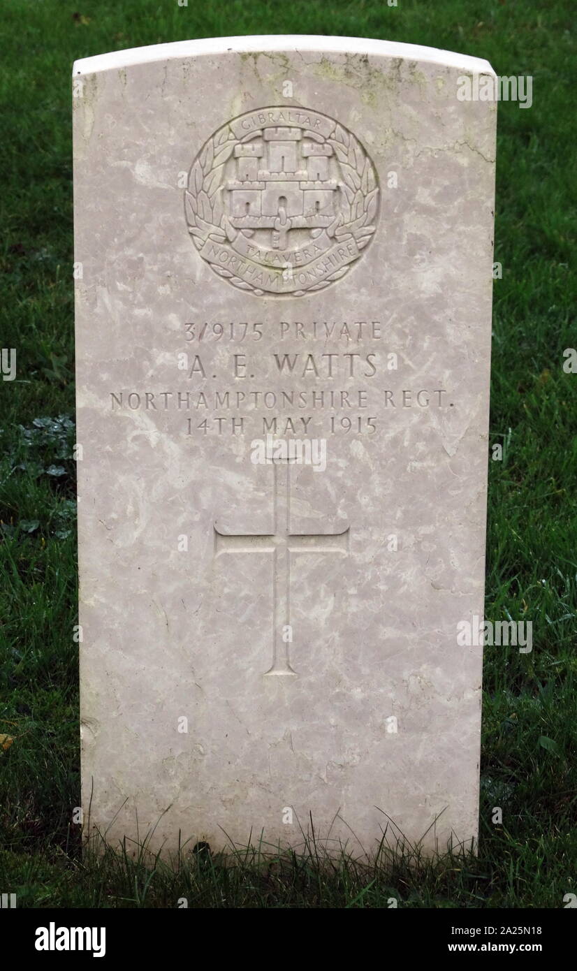 Military gravestone for Private A. E. Watts of the Northamptonshire ...