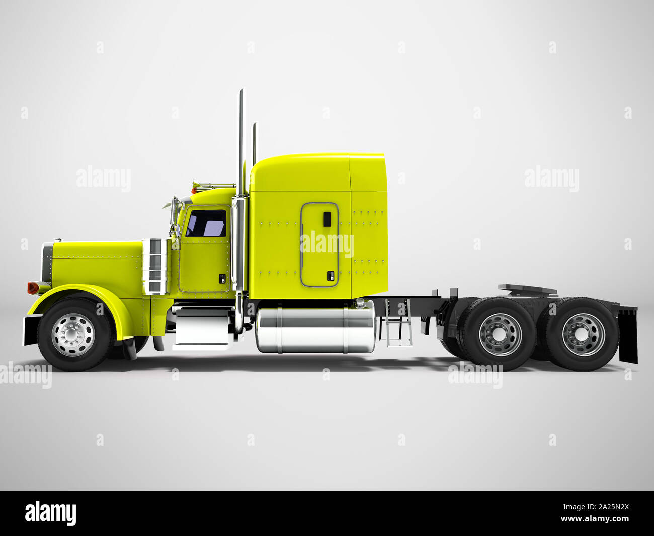 Modern truck tractor for cargo three axle without trailer yellow side ...