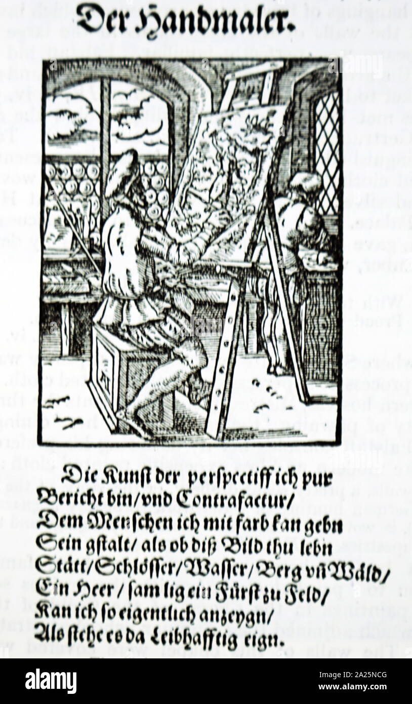 Woodcut engraving titled 'The Painter' by Jost Amman. Jost Amman (1539 ...