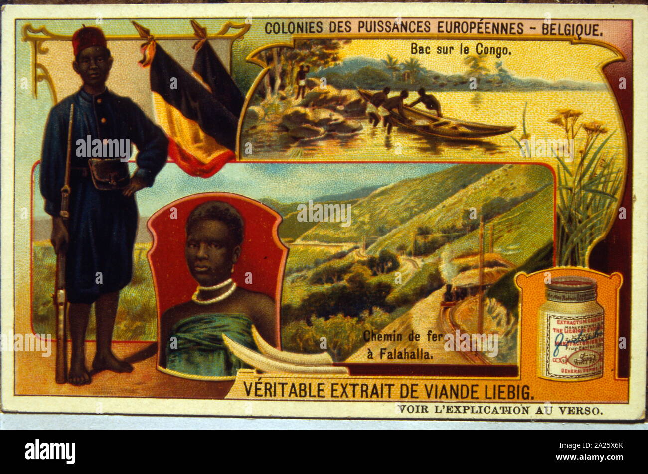 Liebig card showing the Belgian Congo empire with railway and African ...