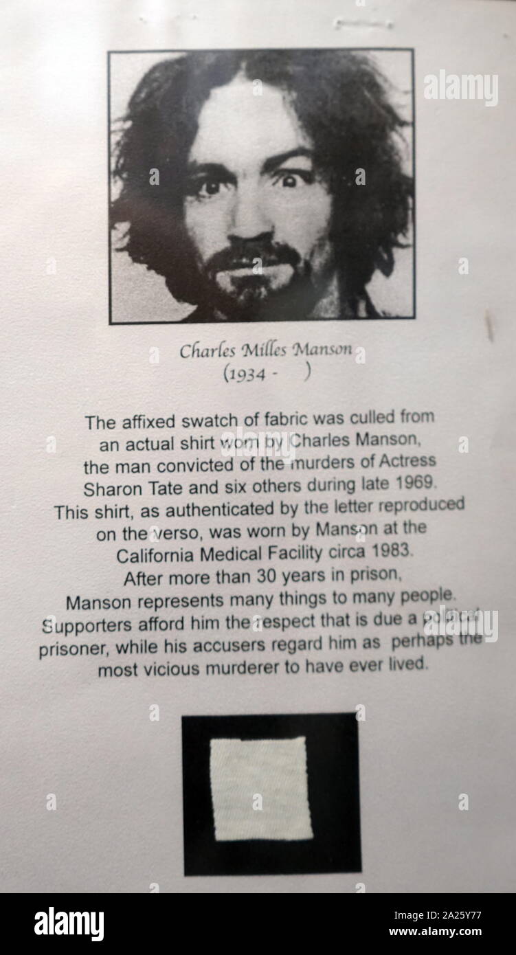 Swatch of fabric from a shirt worn by Charles Manson. Charles Milles ...