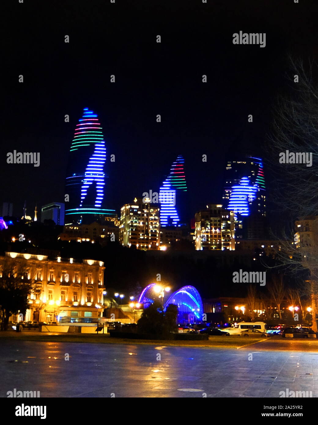 The Flame Towers, a trio of skyscrapers in Baku, Azerbaijan. The Towers ...