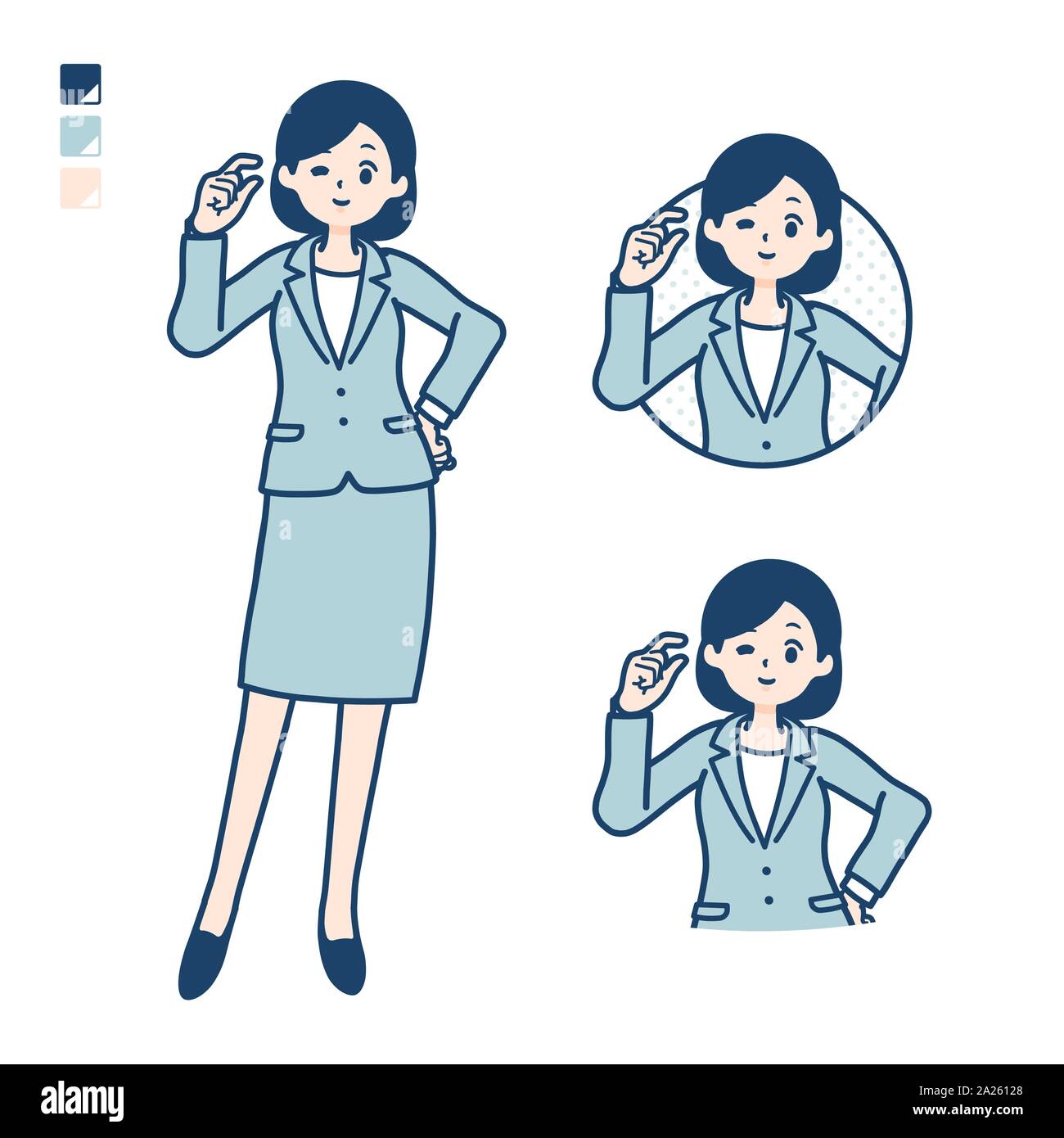A young Business woman in a suit with Just a bit Hand sign images. It's ...