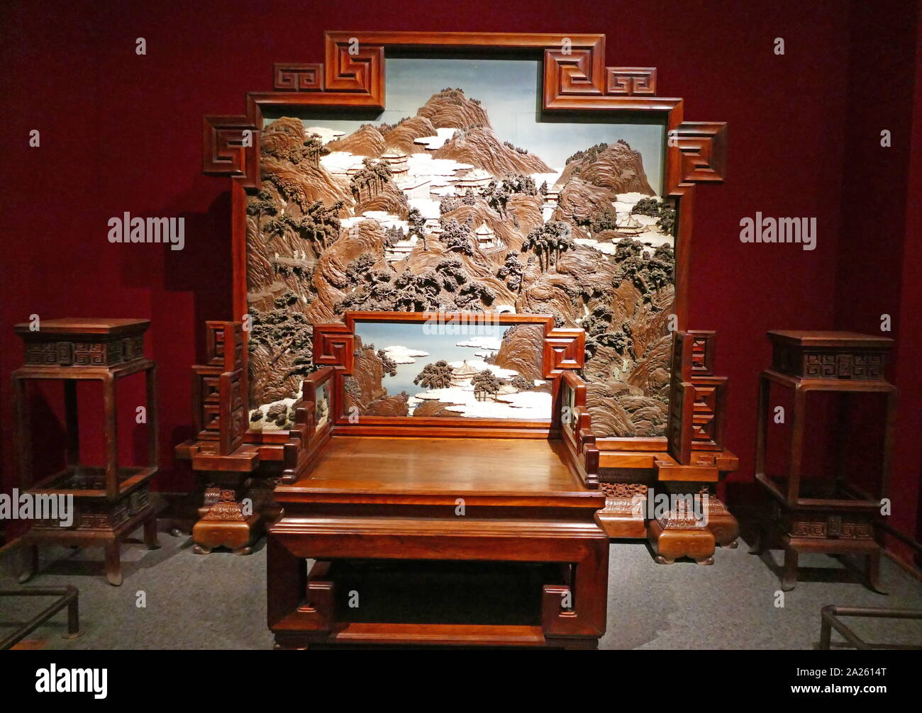 Huanghuali framed throne inlaid with a landscape scene in ivory axid ...