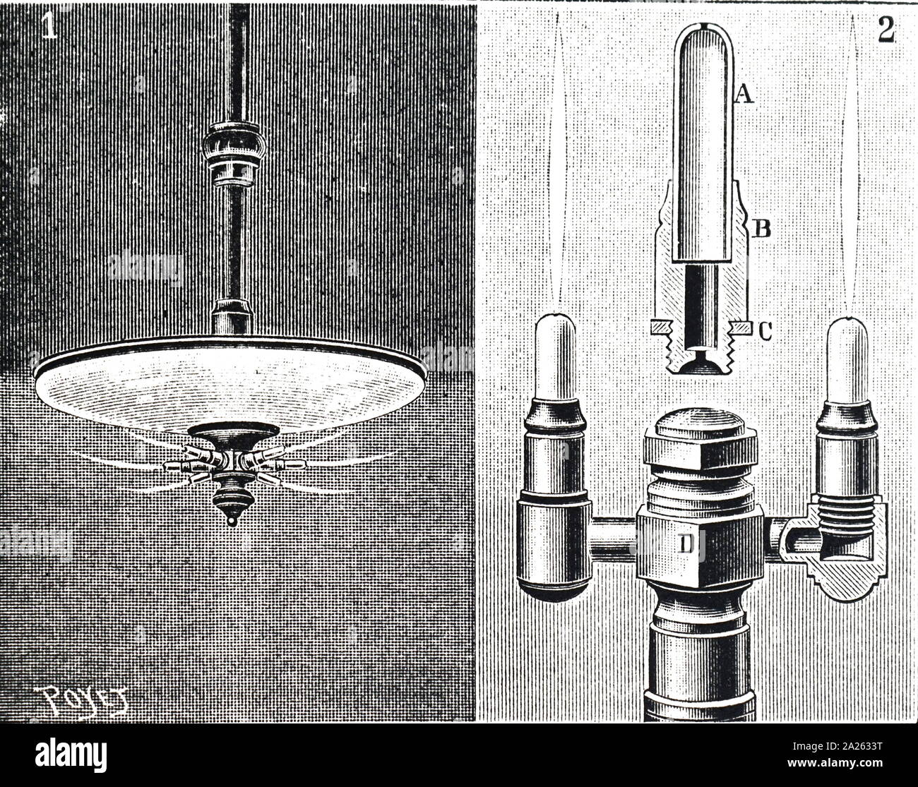 An engraving depicting a ceiling fitment for burning acetylene gas to ...