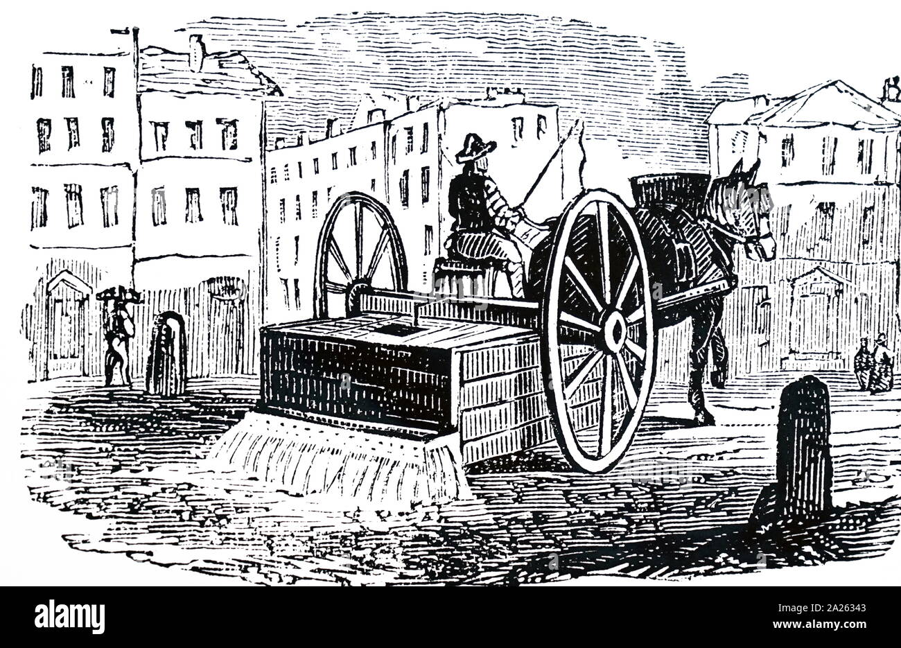 An engraving depicting a water cart used to lay dust on roads in Summer ...