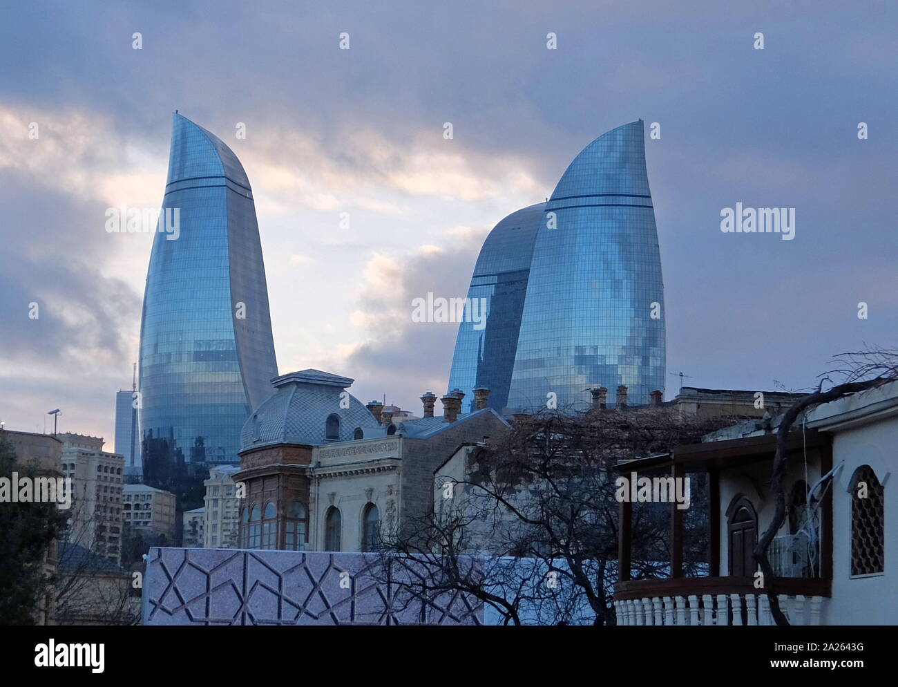 Flame Towers, a trio of skyscrapers in Baku, Azerbaijan. with a height ...
