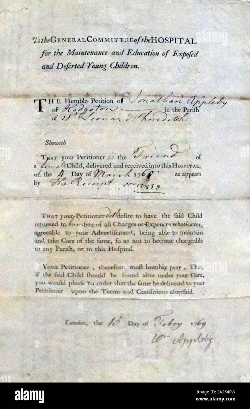Petition to claim a child back from the Foundling Hospital in London in ...