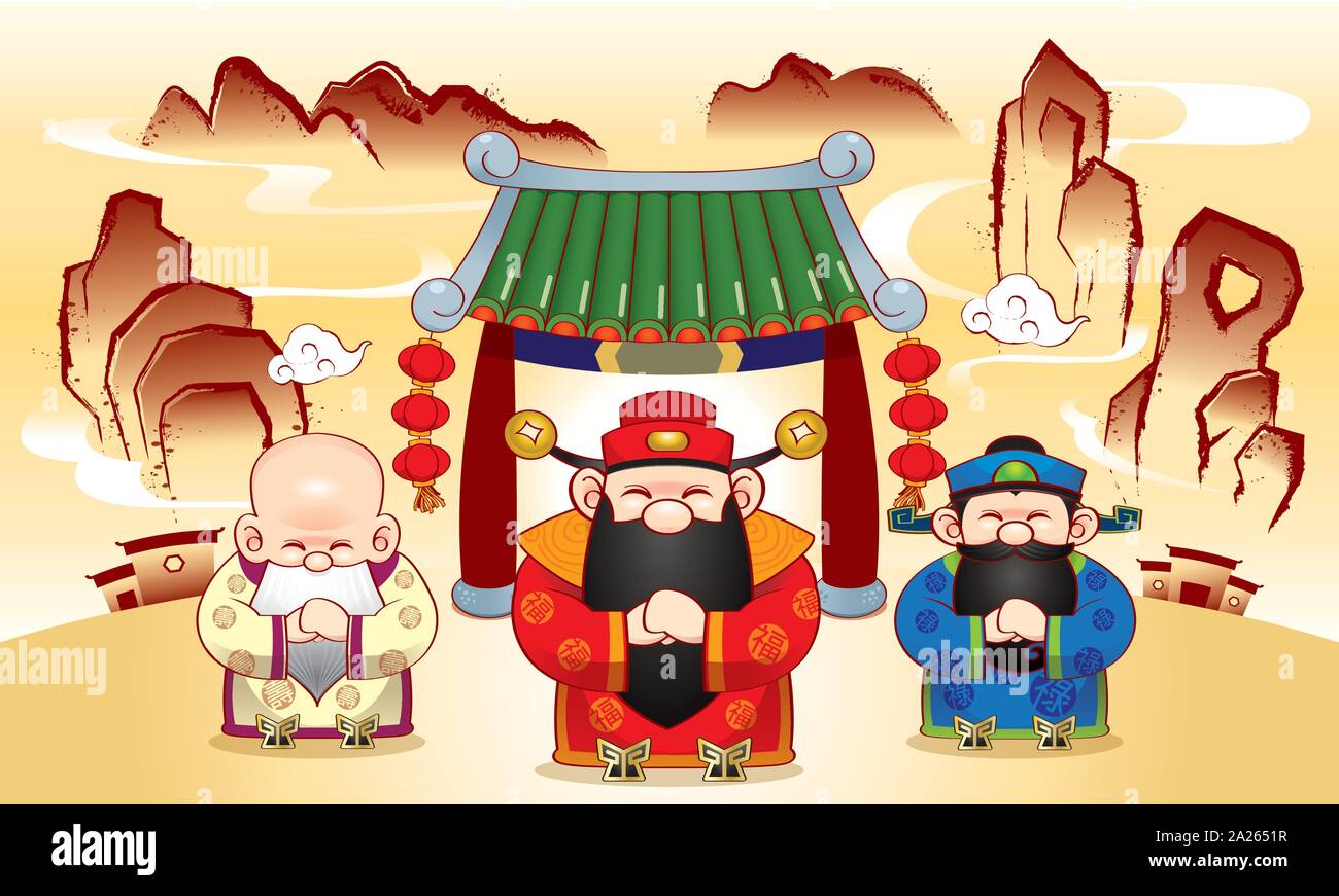 Three cute Chinese gods which represent long life, wealth and career ...