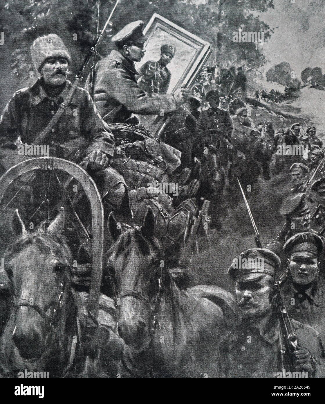 Russian soldiers (one carrying a portrait of Tsar Nicholas II), march ...