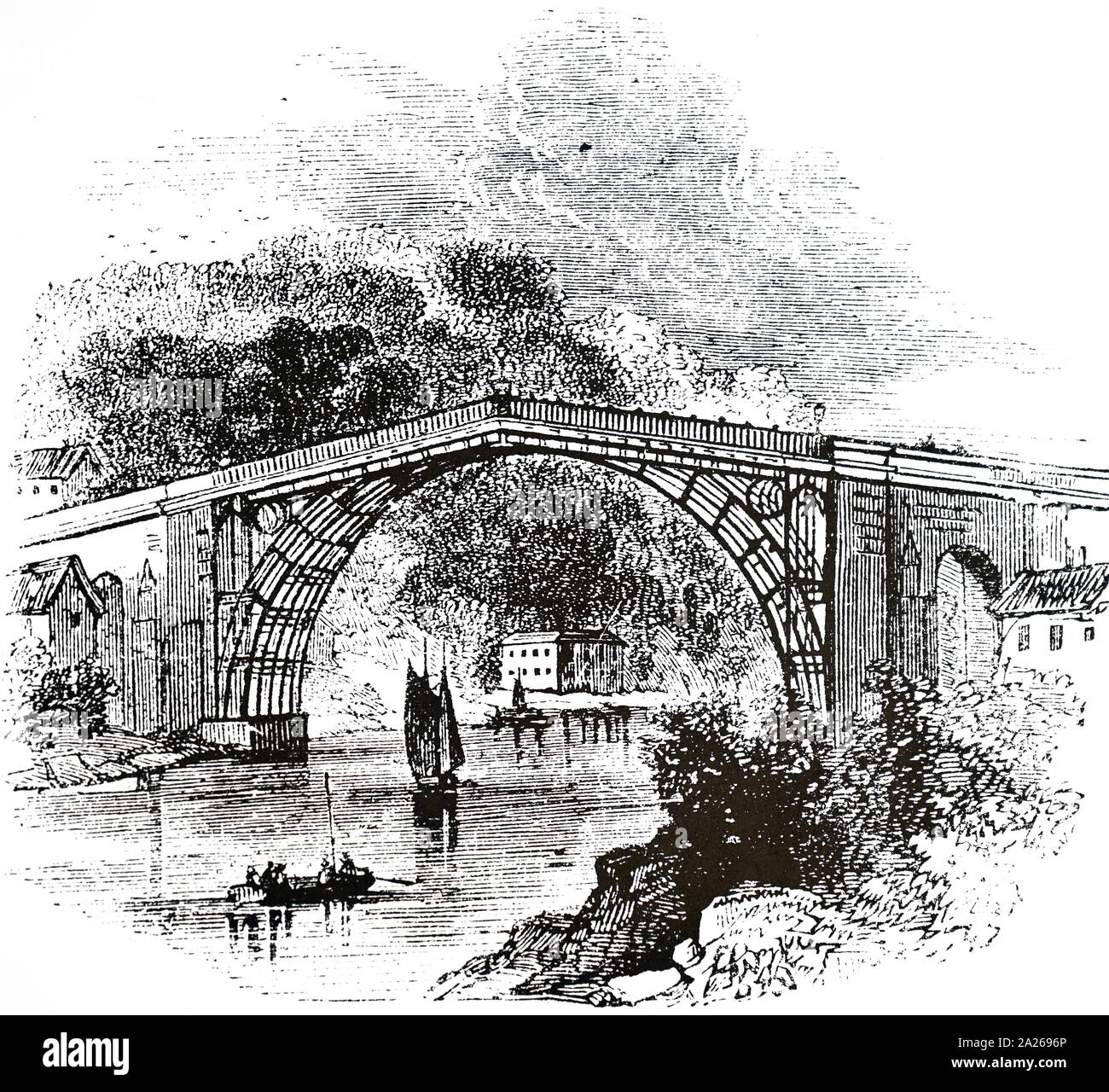 Illustration showing Abraham Darby III's iron bridge, across the Severn ...