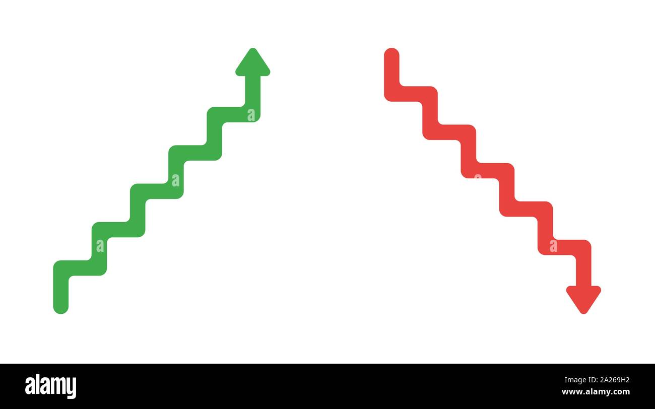 Vector icon set of arrow stairs moving up and down. Flat color style ...
