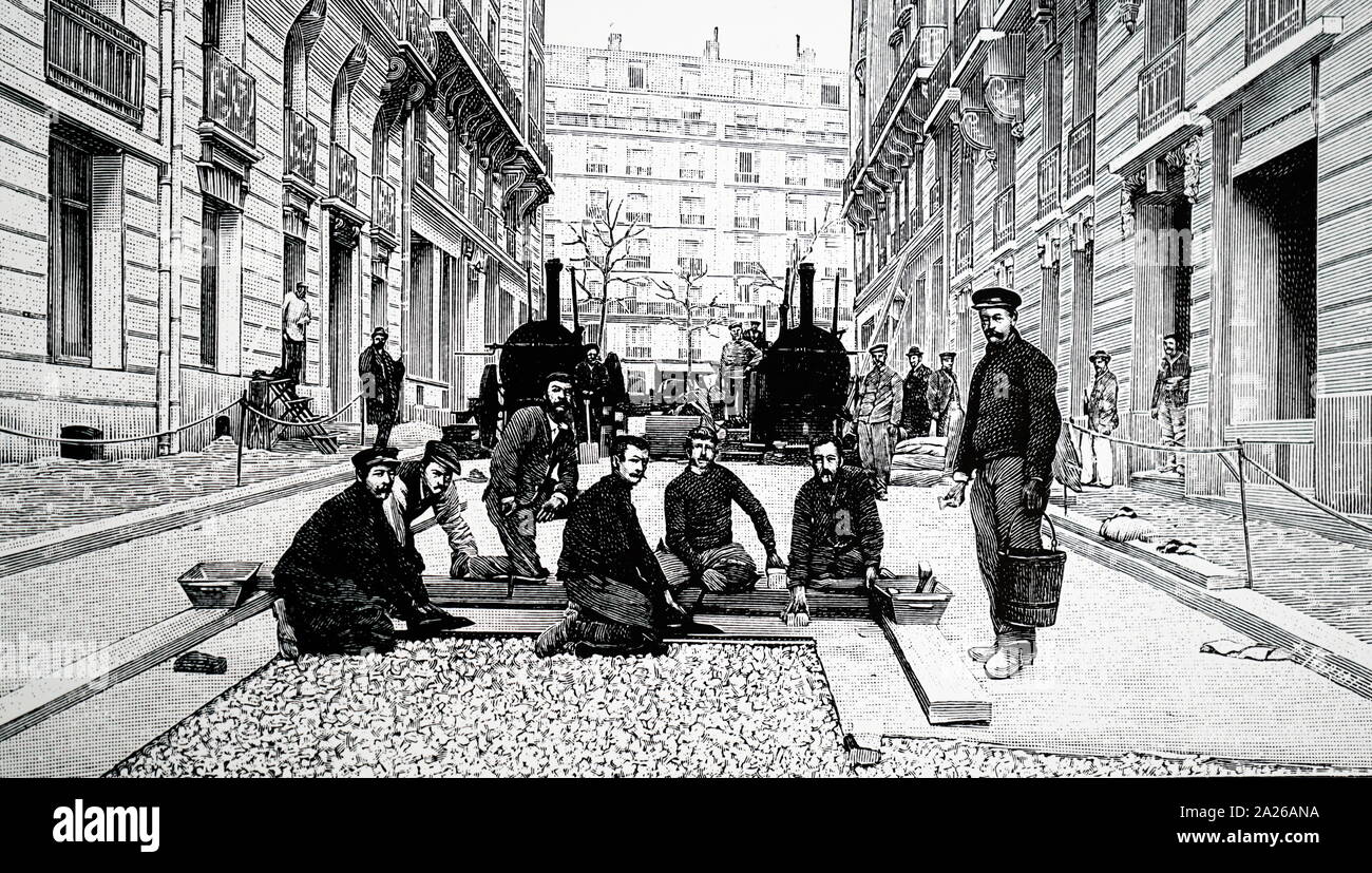 Illustration showing men Laying asphalt in a Paris street 1904 Stock ...