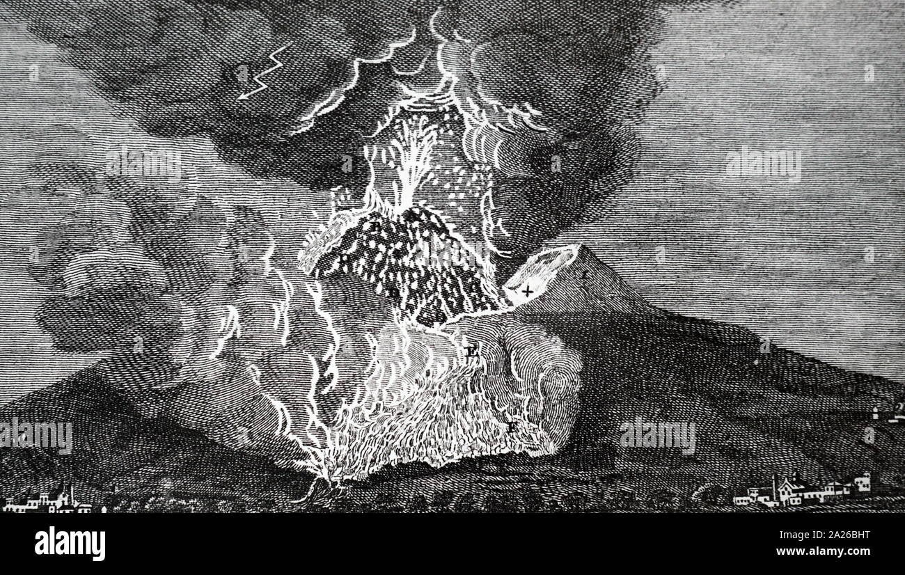An engraving depicting the eruption of Mount Vesuvius, a Somma ...
