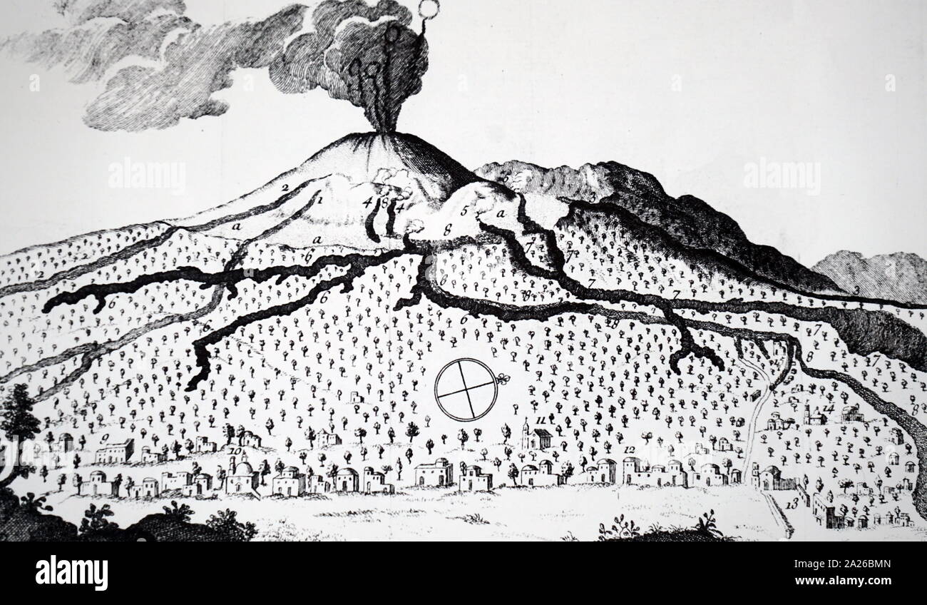 An engraving depicting the eruption of Mount Vesuvius, a Somma ...