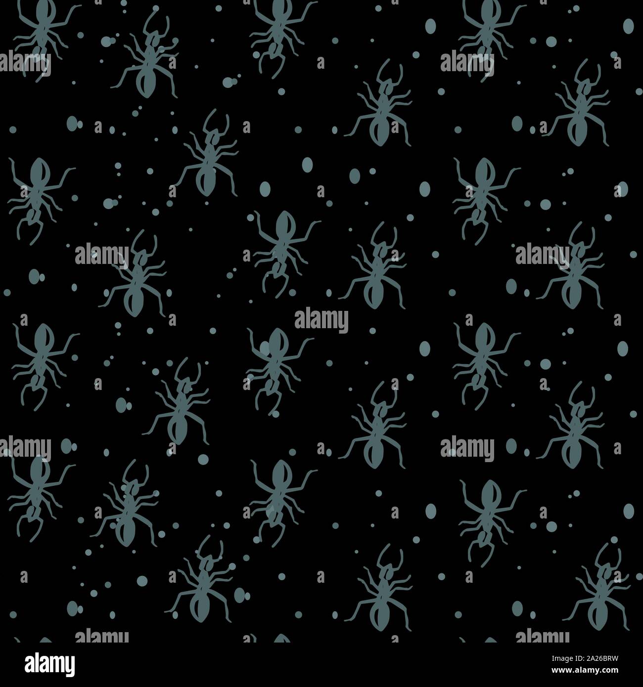 vector hand-drawn gray ants on a dark black background with bread ...