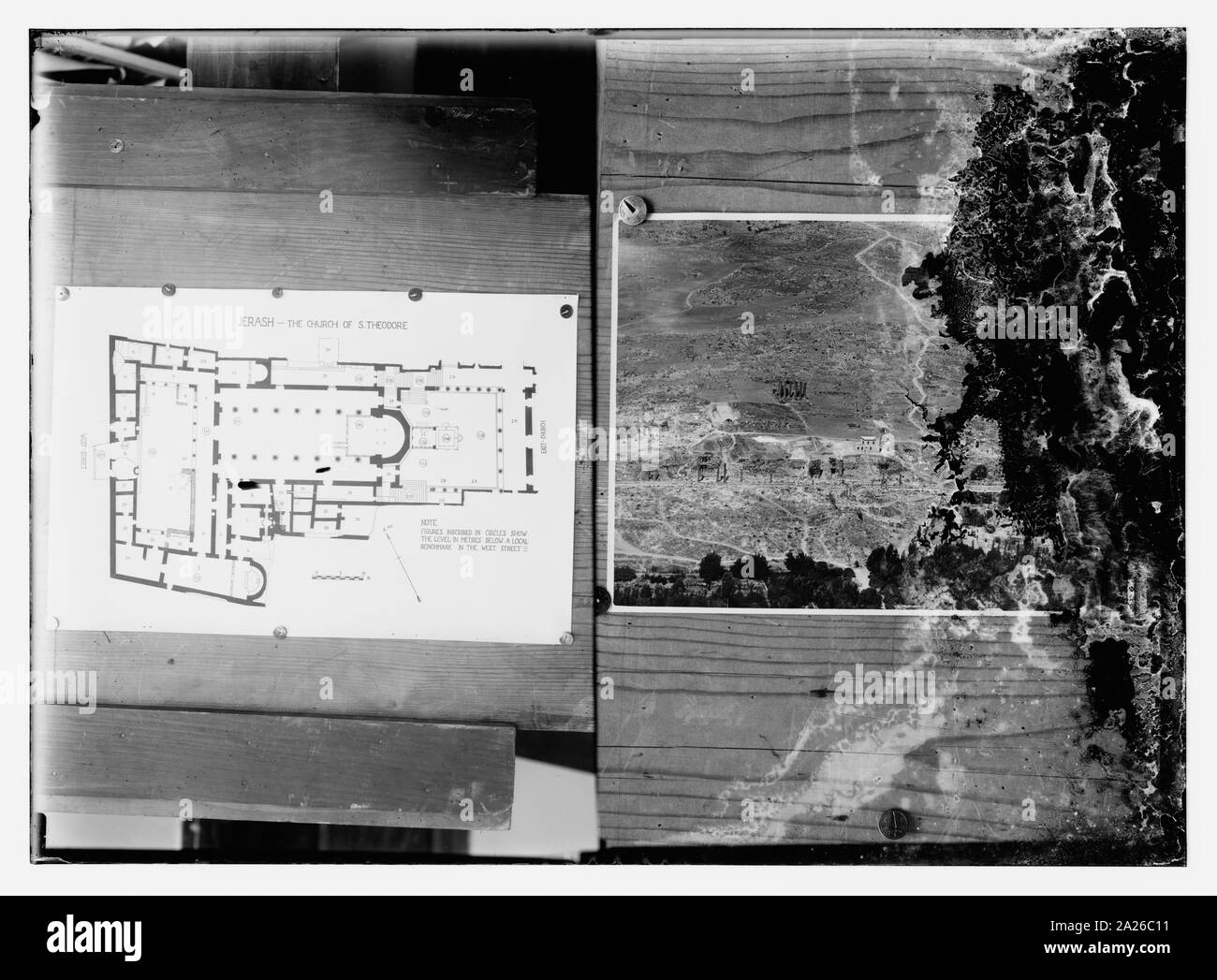 Plan of the Church of S. Theodore, Jerash (left); aerial view of the ...