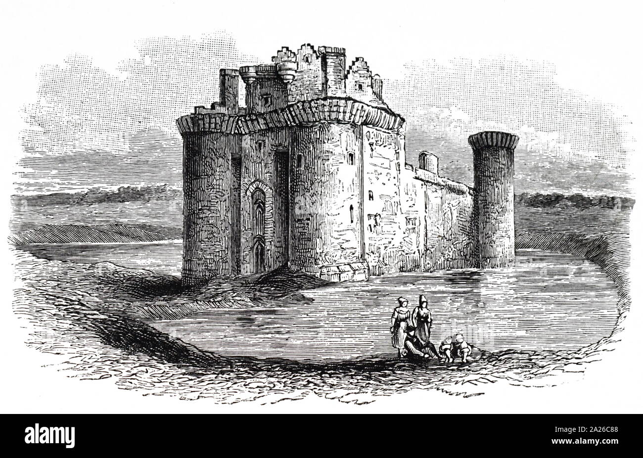 An engraving depicting Caerlaverock Castle, a moated triangular castle ...